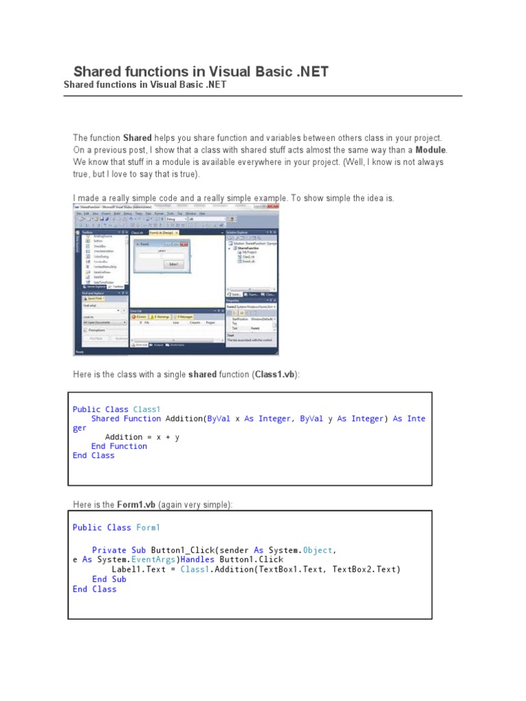 Shared Functions In Visual Basic Pdf Visual Basic Net Subroutine 0433