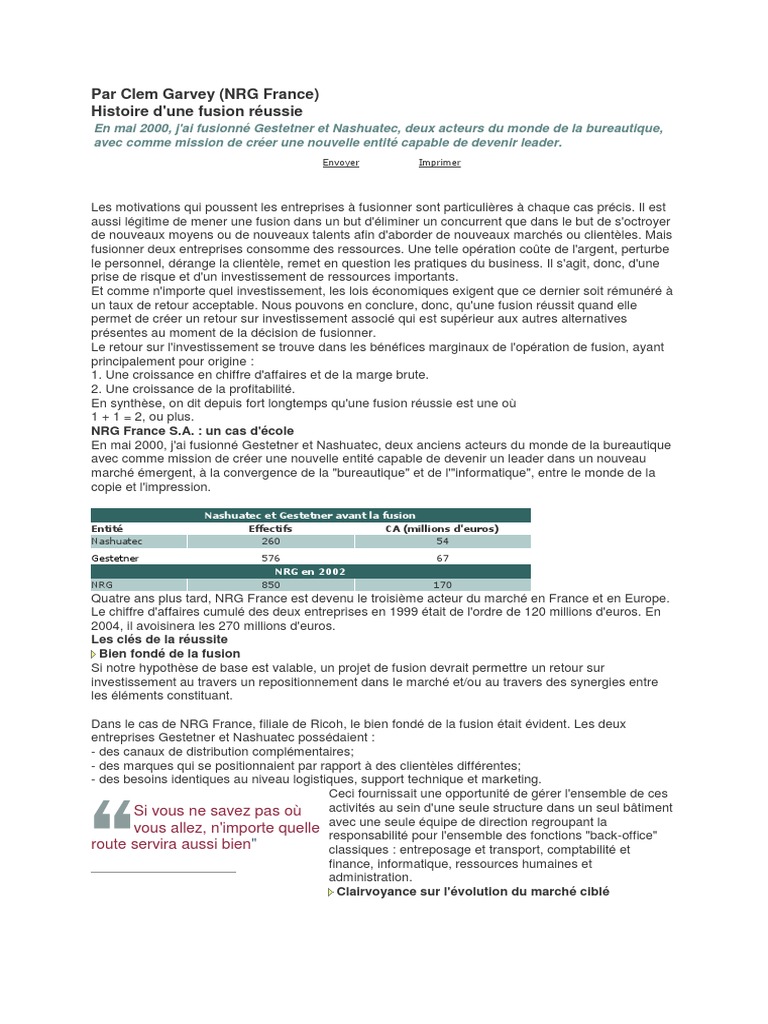Fusion réussie : le cas NRG France | PDF | Actionnaire | Business