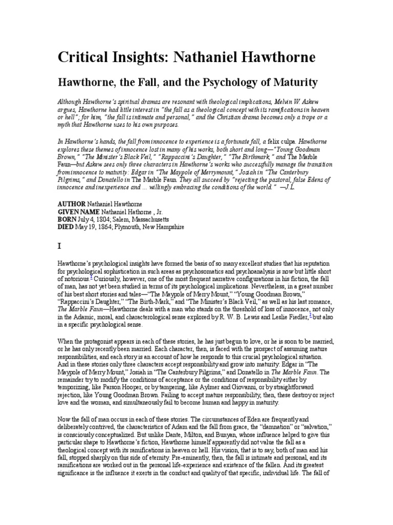 Critical Insights: Nathaniel Hawthorne Hawthorne, The Fall, and The ...