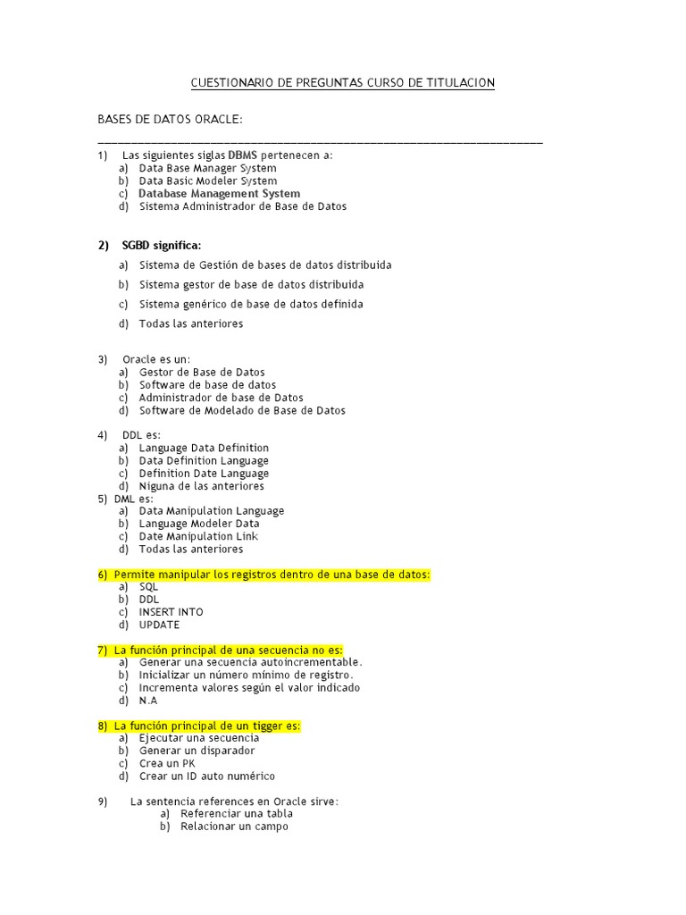 Cuestionario de Preguntas Curso de Titulacion | PDF | SQL | Java (lenguaje de programación)
