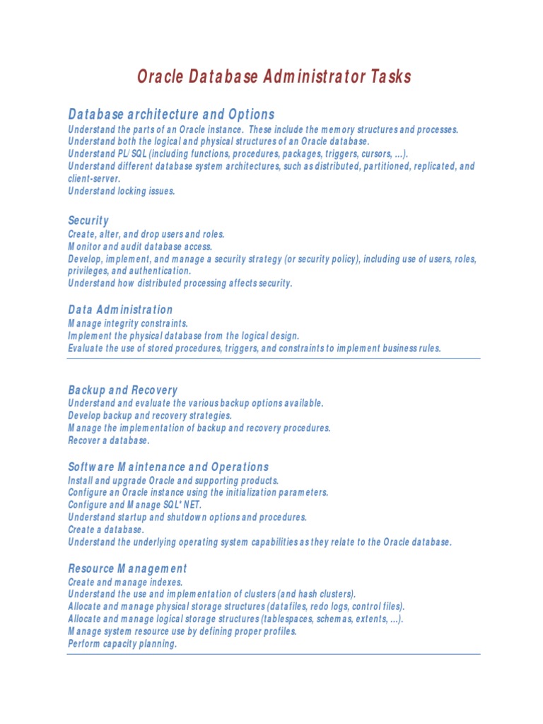 Oracle Database Administrator Tasks | PDF | Oracle Database | Databases