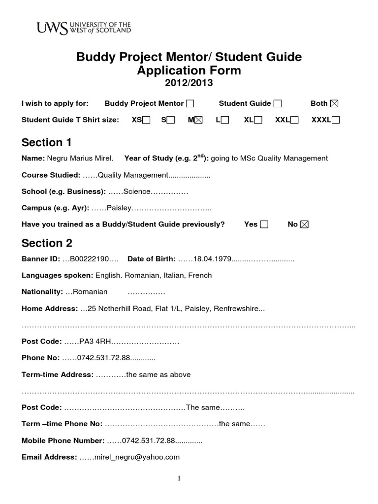 Buddy Project - Student Guide Application Form - UWS | PDF ...