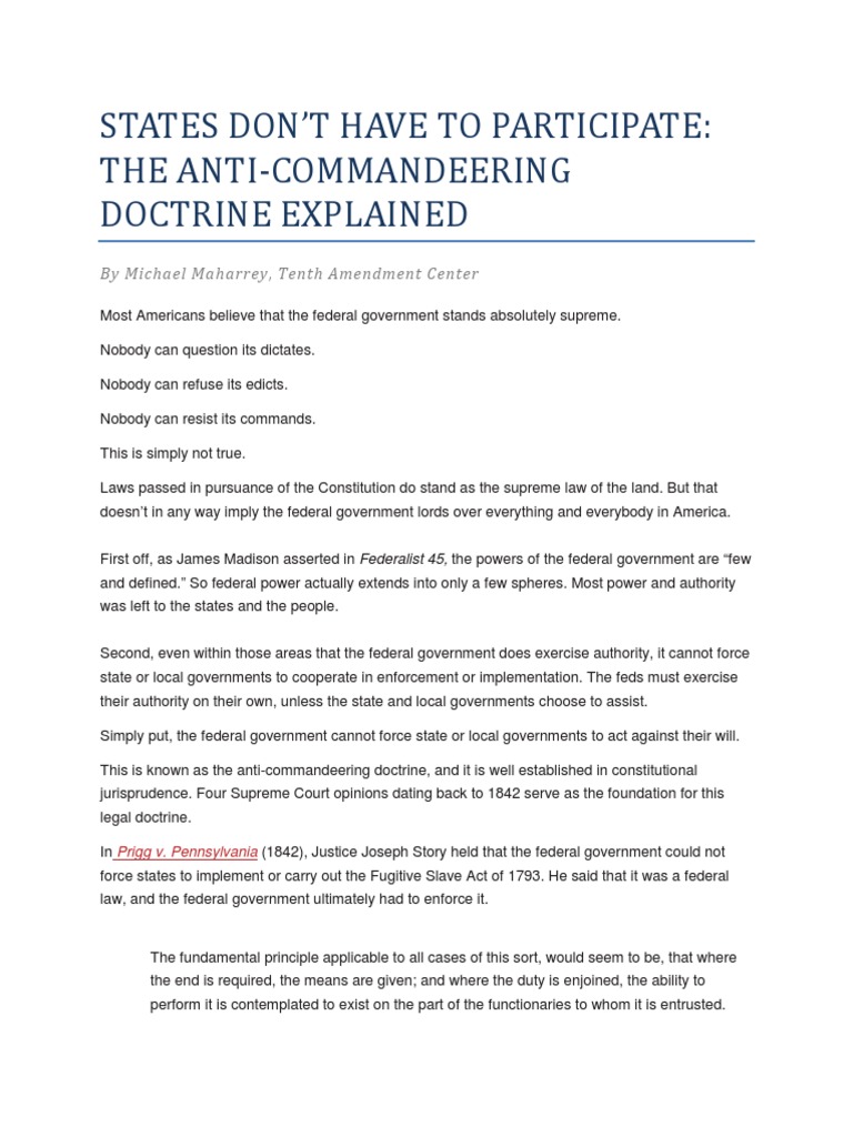 The Anti-Commandeering Doctrine: States Don't Have To Participate | PDF ... The Anti-Commandeering Doctrine: States Don't Have To Participate | PDF ...