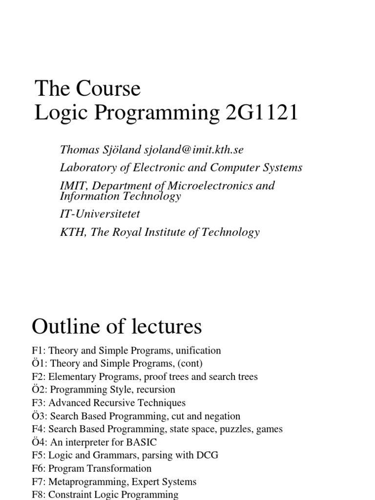 The Course Logic Programming 2G1121 | PDF | Interpretation (Logic ...