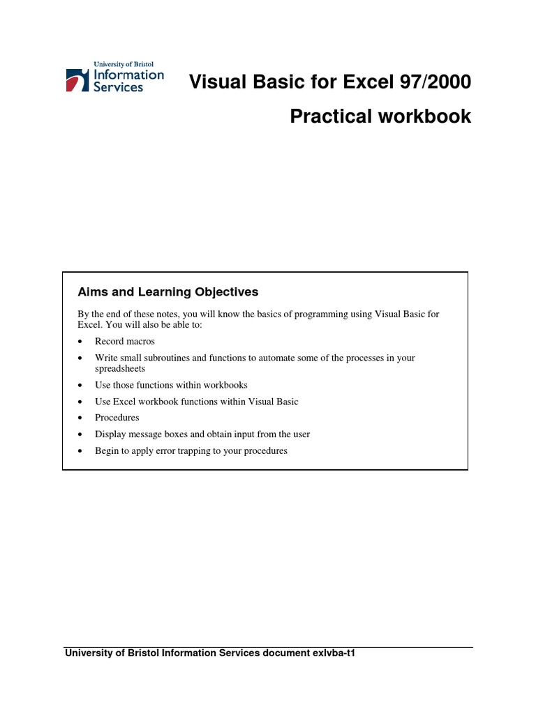 Visual Basic For Excel 97/2000 Practical Workbook: Aims and Learning ...