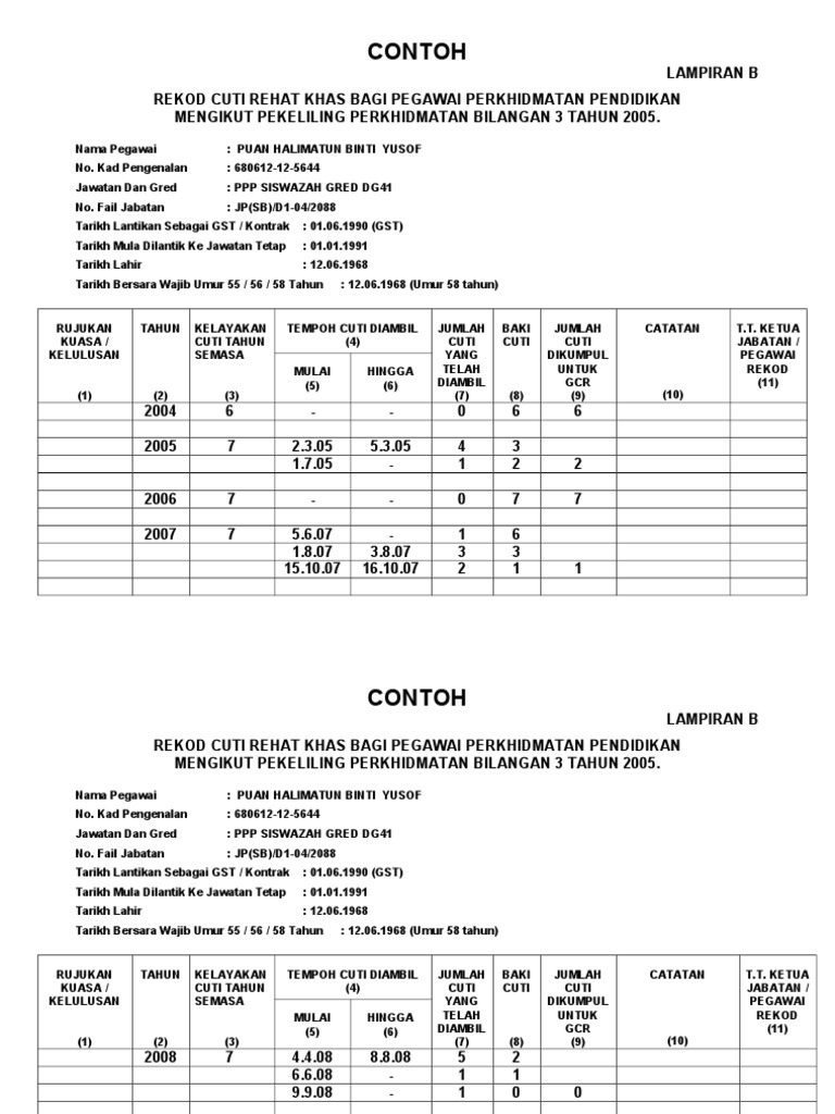 Contoh Penyediaan Rekod Cuti Rehat Khas - Lampiran B | PDF
