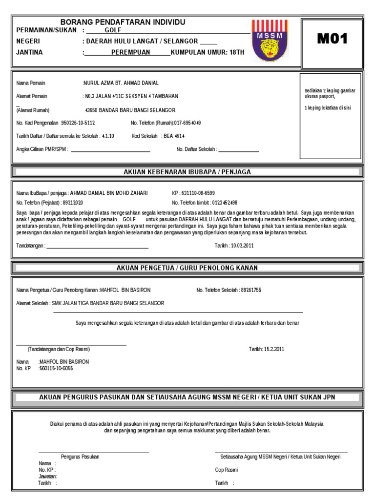Borang Pendaftaran M01 Terkini MSSM | PDF