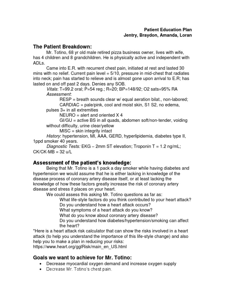 Patient Education Plan | PDF | Myocardial Infarction | Angina Pectoris