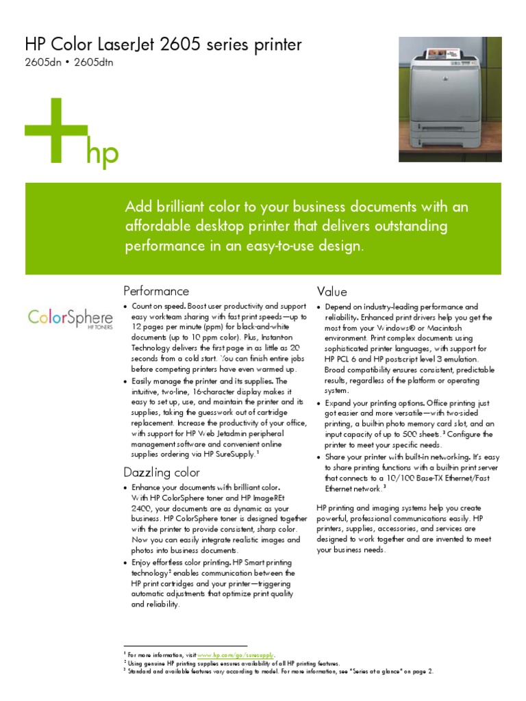 HP Color Laserjet 2605 Series Printer | PDF | Printer (Computing ...