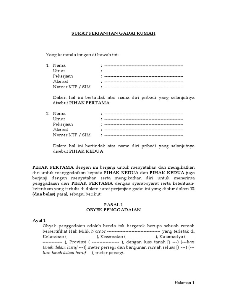 Contoh Surat Perjanjian Gadai Rumah Dengan 12 Pasal | PDF