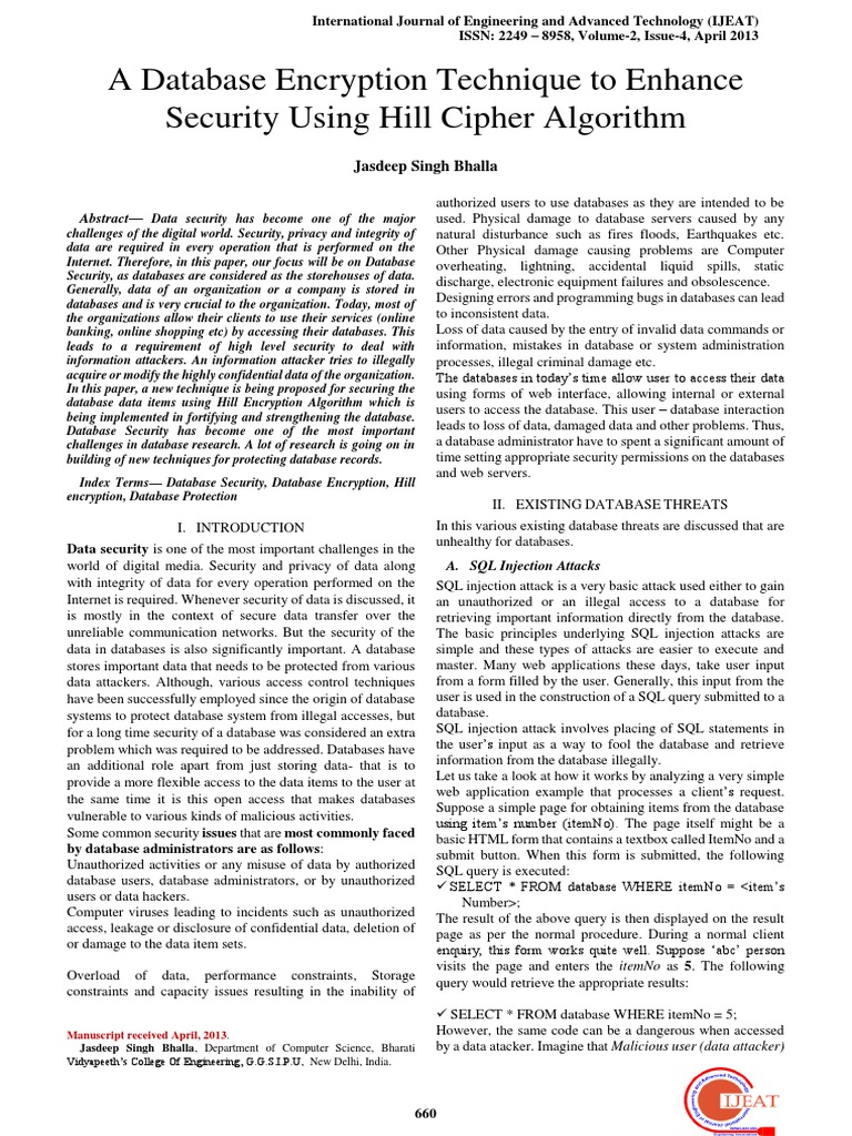 A Database Encryption Technique To Enhance Security Using Hill Cipher ...