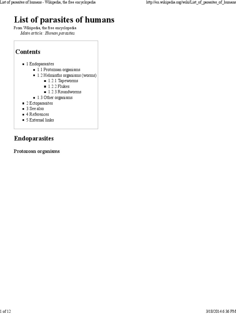 List of Parasites of Humans - Wikipedia, The Free Encyclopedia | PDF ...