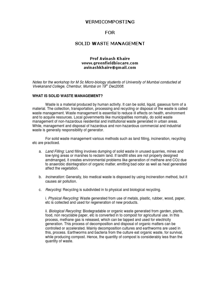 Vermicomposting FOR Solid Waste Management: Prof Avinash Khaire | PDF