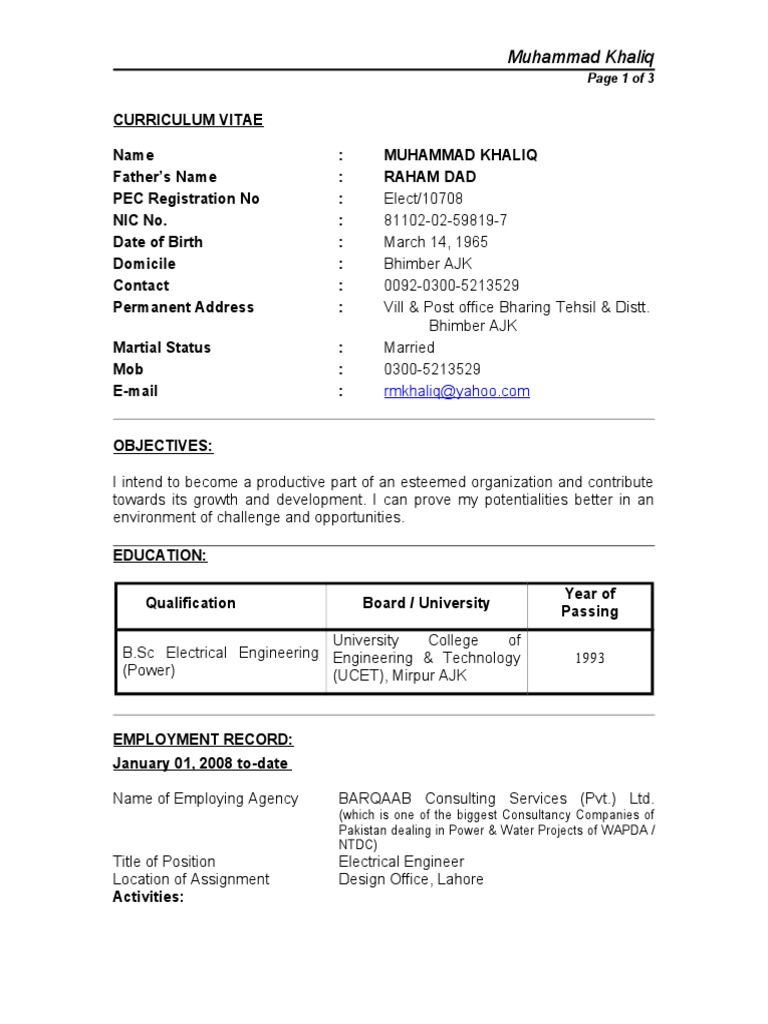 Muhammad Khaliq C.V Final | PDF | Electric Power | Power (Physics)