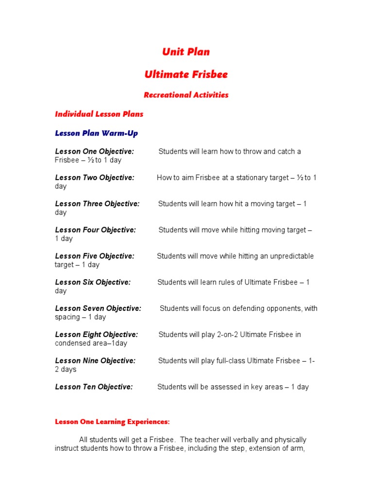 Unit Plan - Ultimate Frisbee | PDF | Lesson Plan | Physical Education