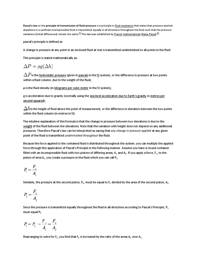 Pascal's law transmission fluid pressure | PDF | Dynamics (Mechanics ...