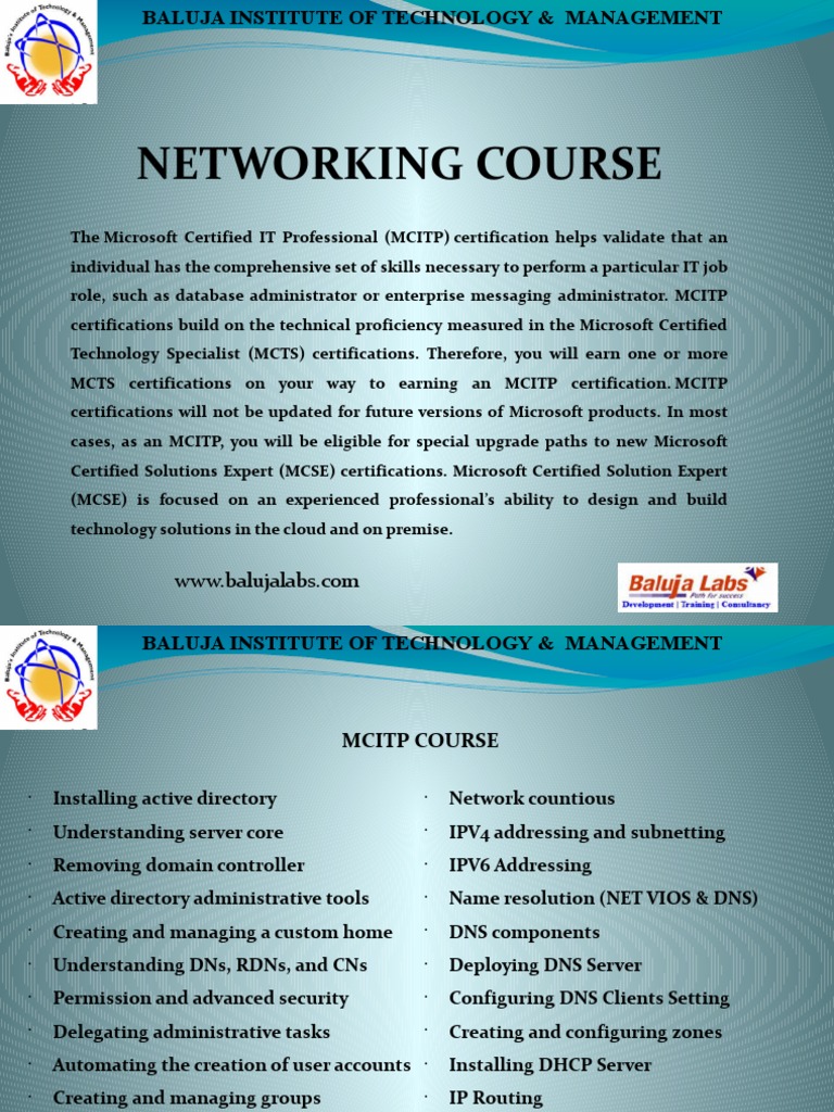 MCITP Certification for IT Pros | PDF | Microsoft | Computer Networking