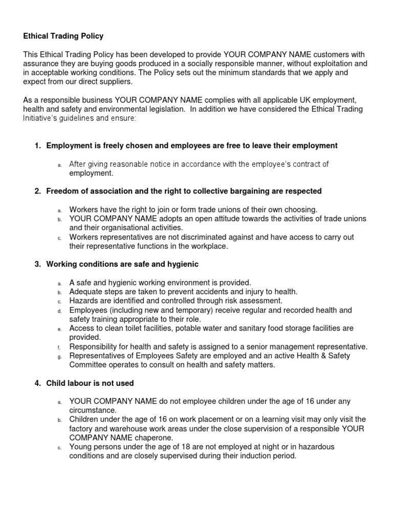 Ethical Trading Policy | PDF | Occupational Safety And Health | Working ...