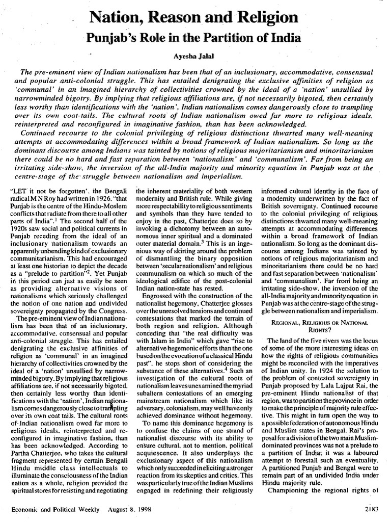 Nation, Reason and Religion Punjab's Role in The Partition of India ...