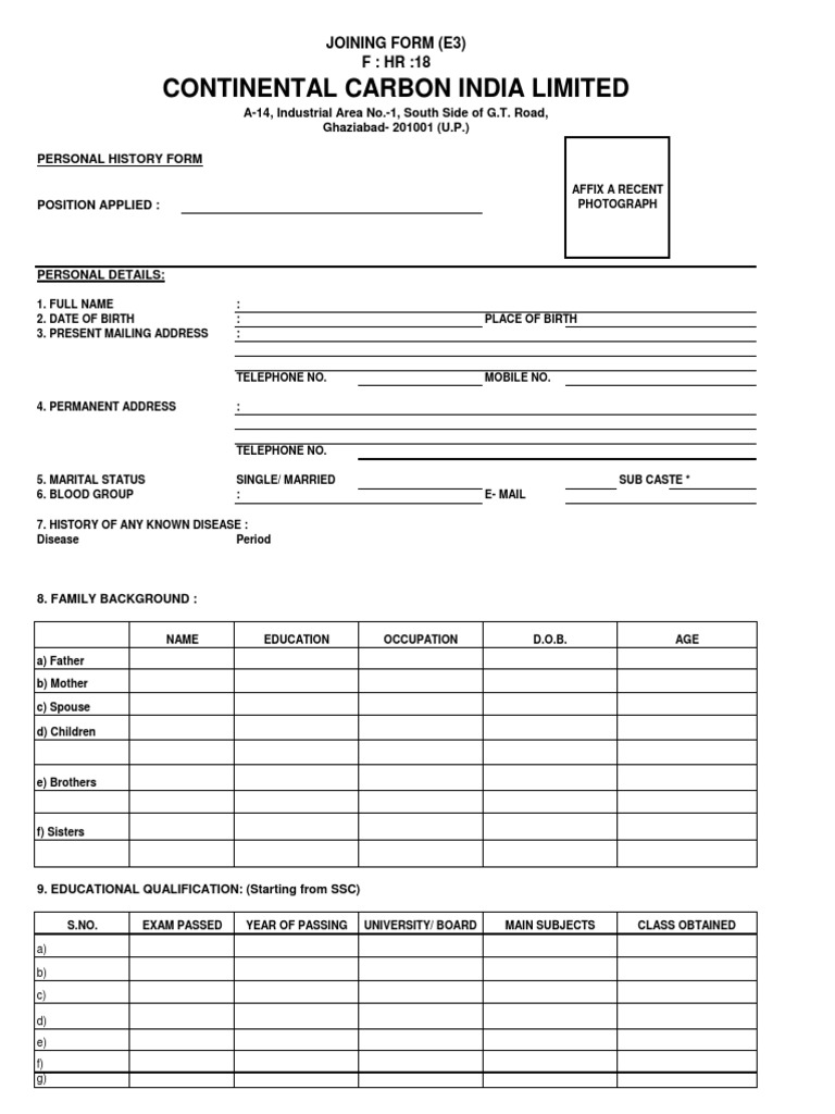 Continental Carbon India Limited: Joining Form (E3) F: HR:18 | PDF ...