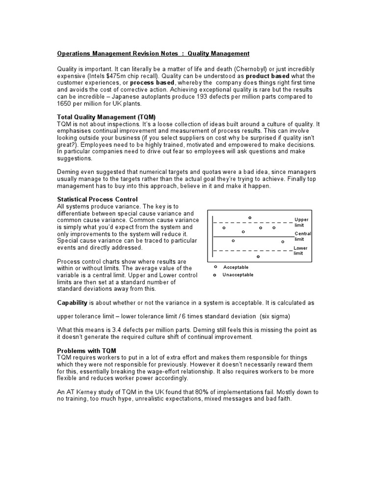 Operations Management Revision Notes: Quality Management: Upper Limit ...