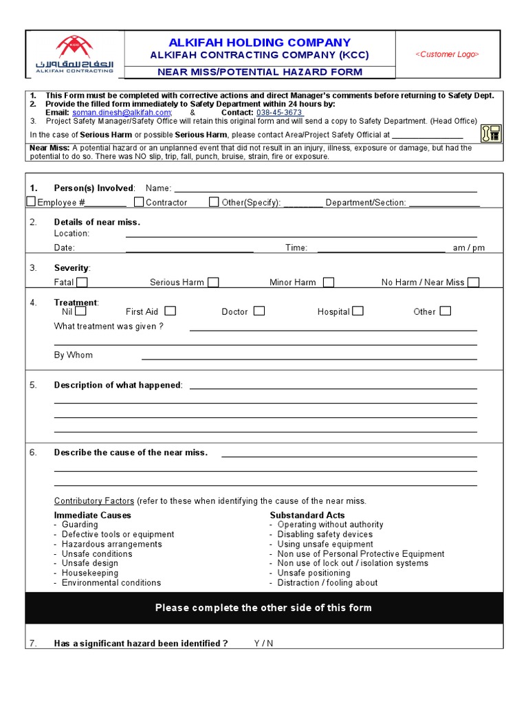 Near Miss Form | Safety | Occupational Safety And Health