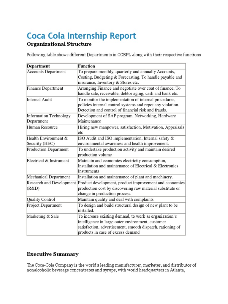 Coca Cola Internship Report | PDF | Coca Cola | The Coca Cola Company