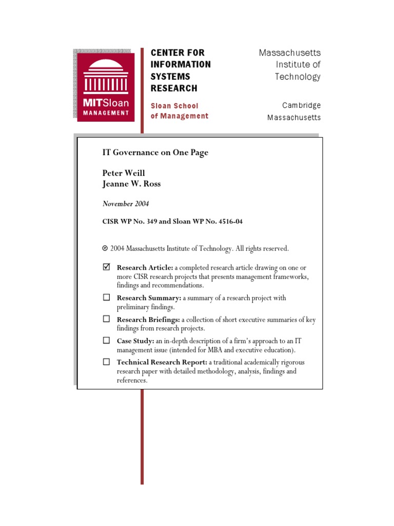 IT Governance On One Page Peter Weill Jeanne W. Ross | PDF | Governance ...