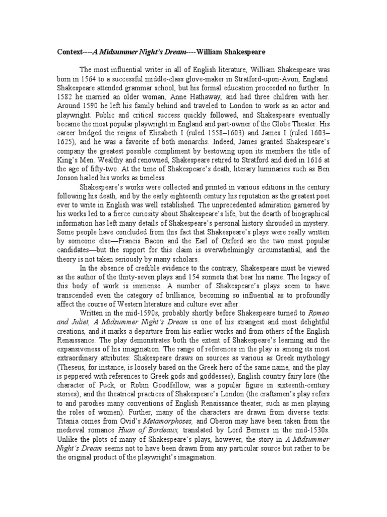 Context - A Midsummer Night's Dream - William Shakespeare | PDF | A ...