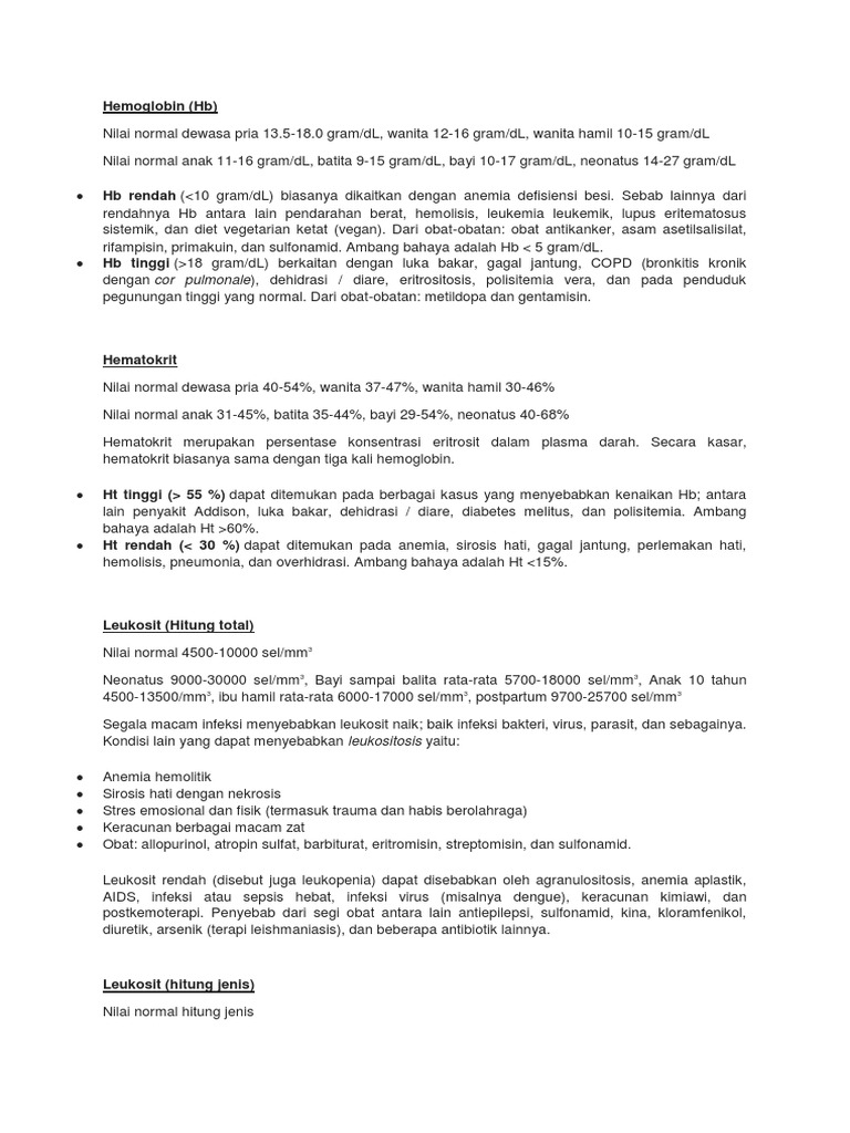 Panduan Nilai Normal Hematologi | PDF