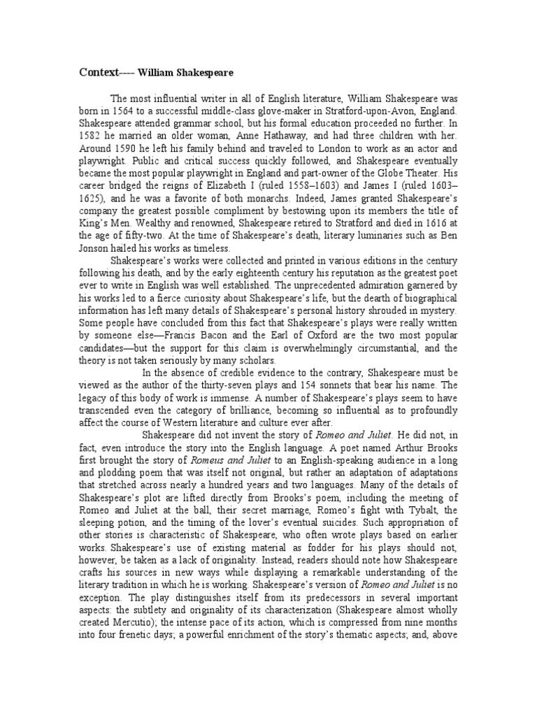 Context - : William Shakespeare | PDF | Romeo And Juliet | William ...