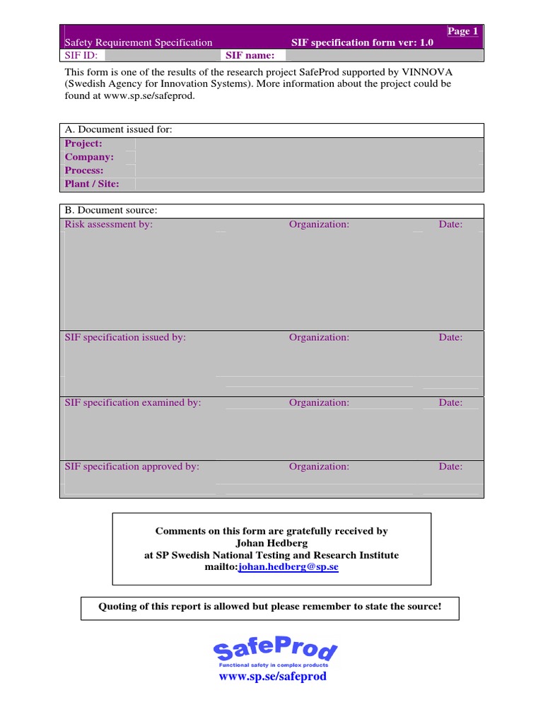 Safety Requirements Specification SIF Specification Form | PDF | Safety ...