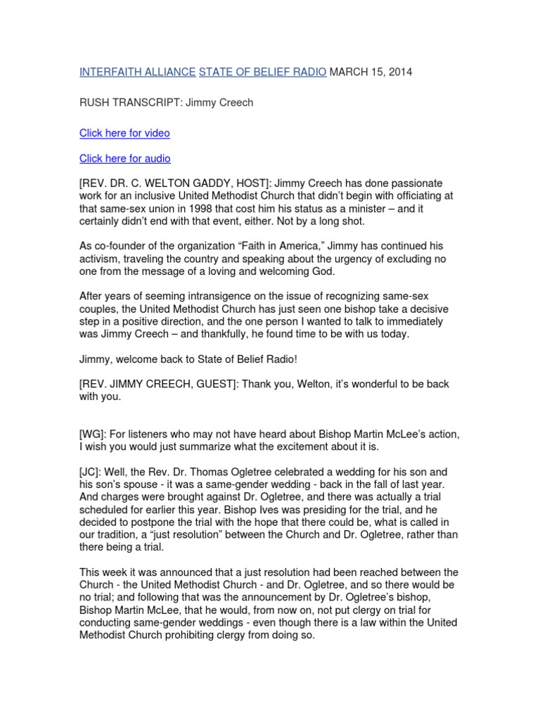 UMC Marriage: Jimmy Creech State of Belief Interview, March 15, 2014 ...