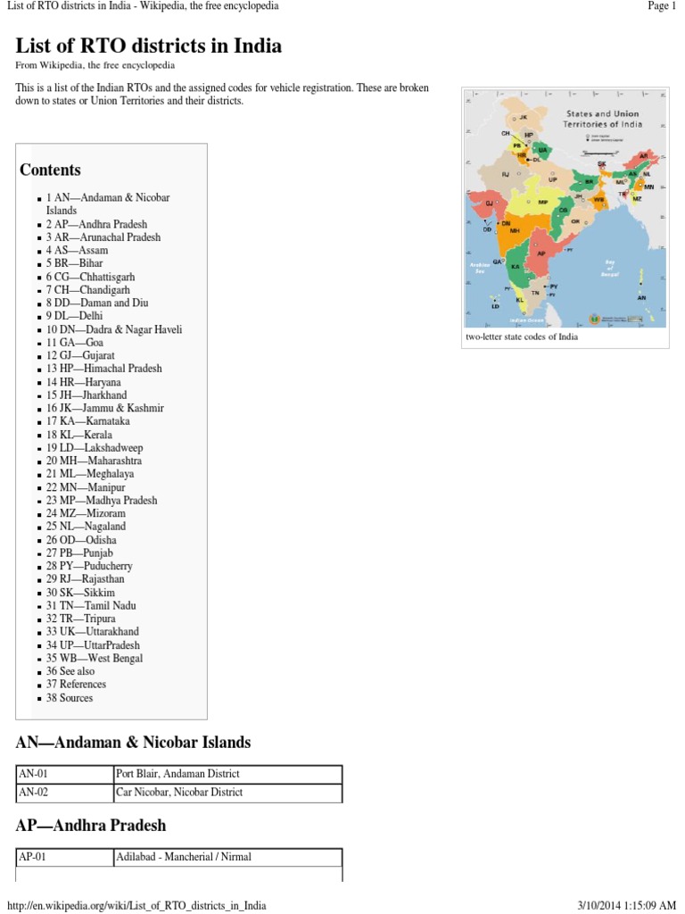 List of RTO Districts in India - Wikipedia, The Free Encyclopedia | PDF ...