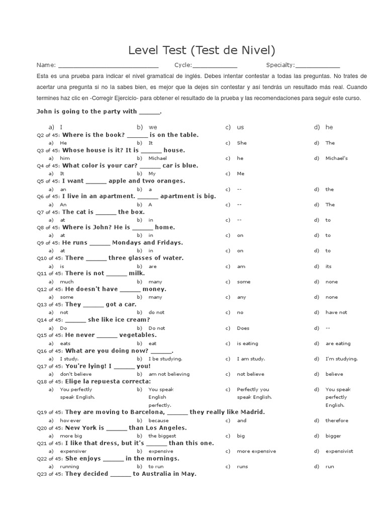 English Grammar Level Test | PDF | Leisure