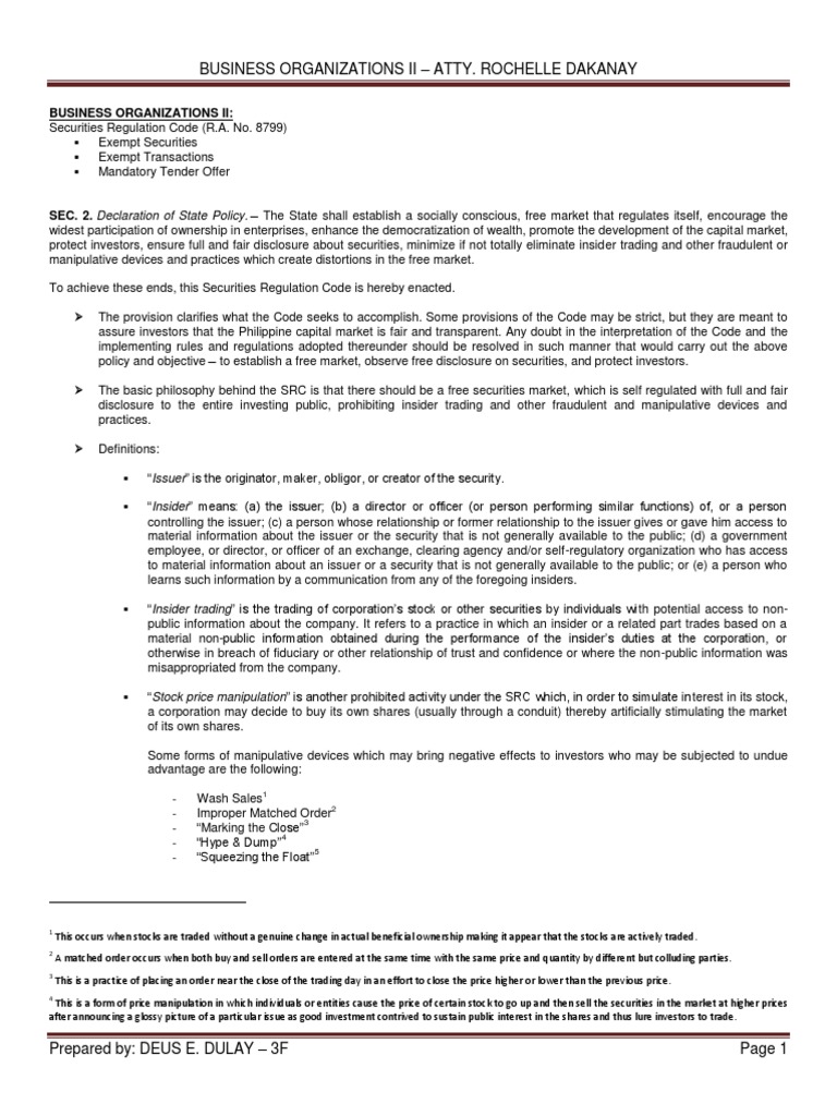 SRC: Exempt Securities, Exempt Transactions, and Mandatory Tender Offer | PDF | Securities ...