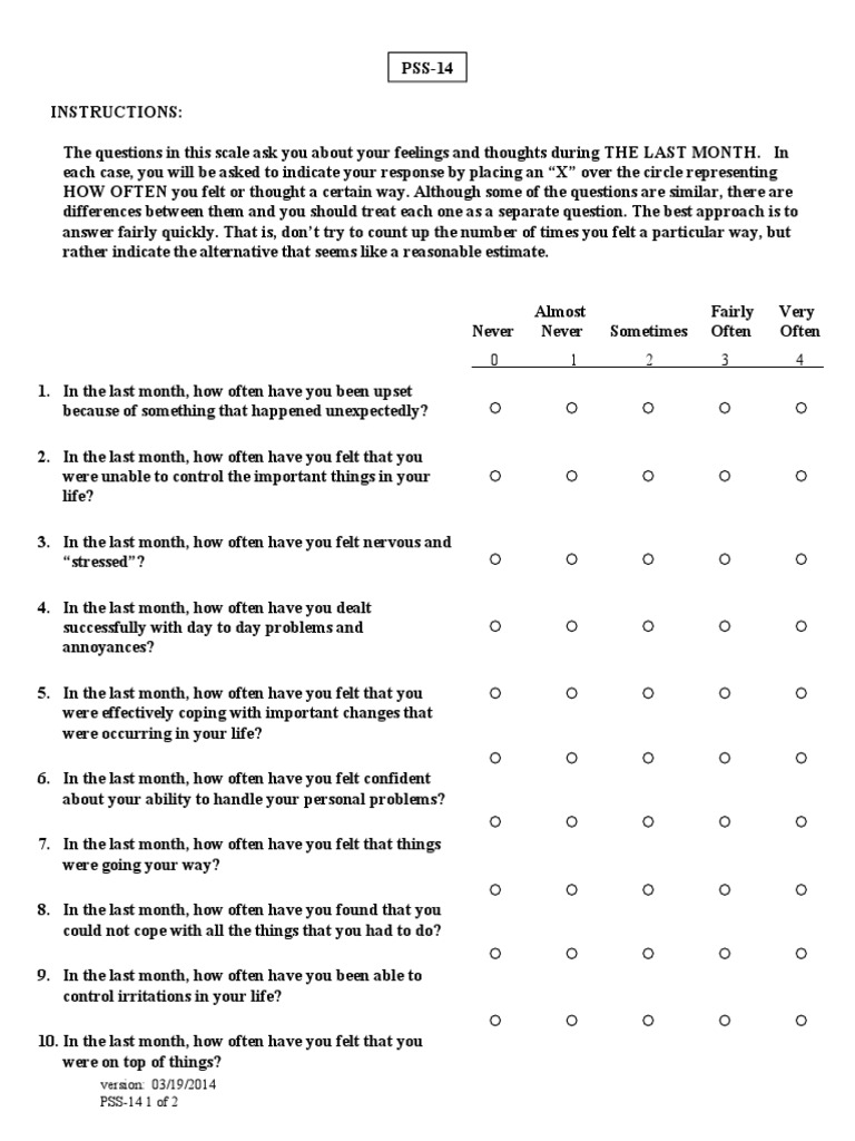 Perceived Stress Scale Pss 14 Item