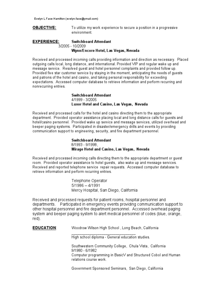 Experienced Switchboard Attendant Resume | PDF | Business