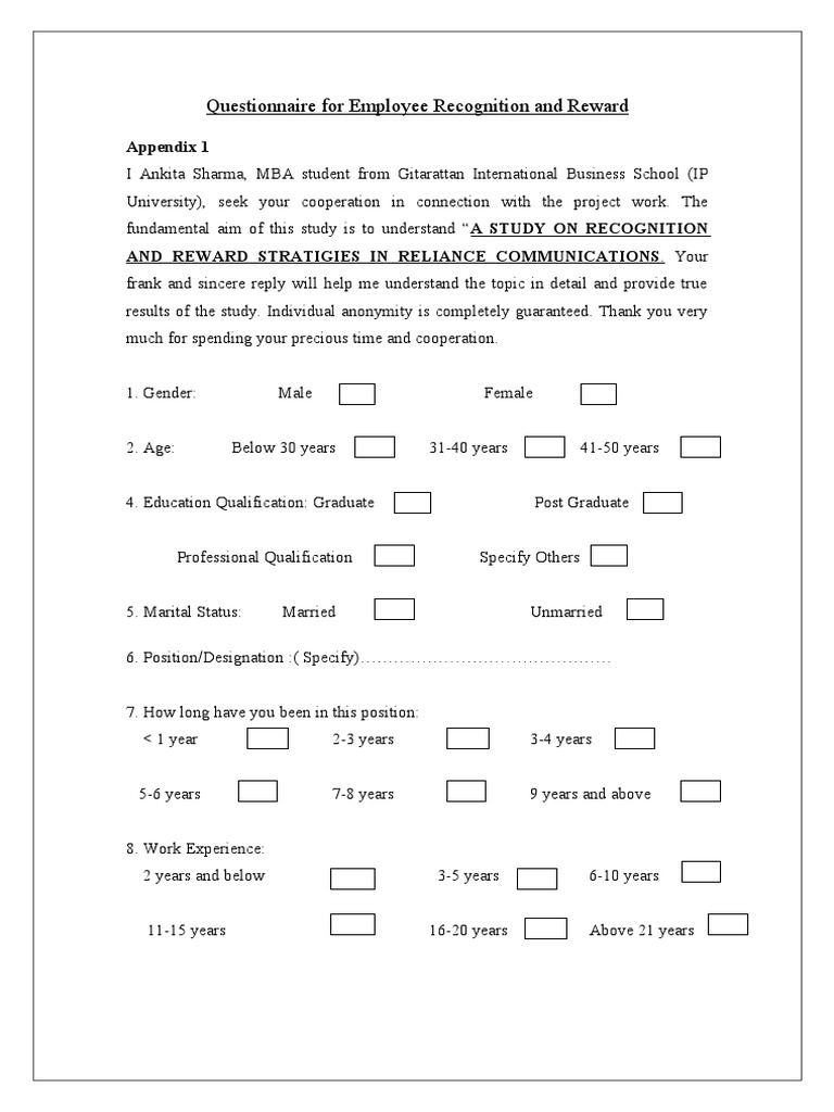 Questionnaire For Employee Recognition and Reward: Appendix 1 | PDF