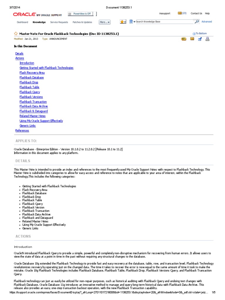 Master Note For Oracle Flashback Technologies (Doc ID 1138253.1) | PDF | Oracle Database | Databases