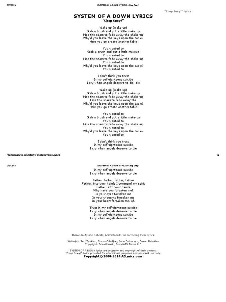 System Of A Down Chop Suey Lyrics