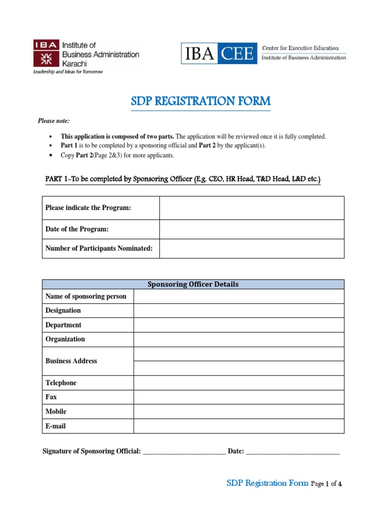Sdp Registration Form: PART 1-To be completed by Sponsoring Officer (E ...