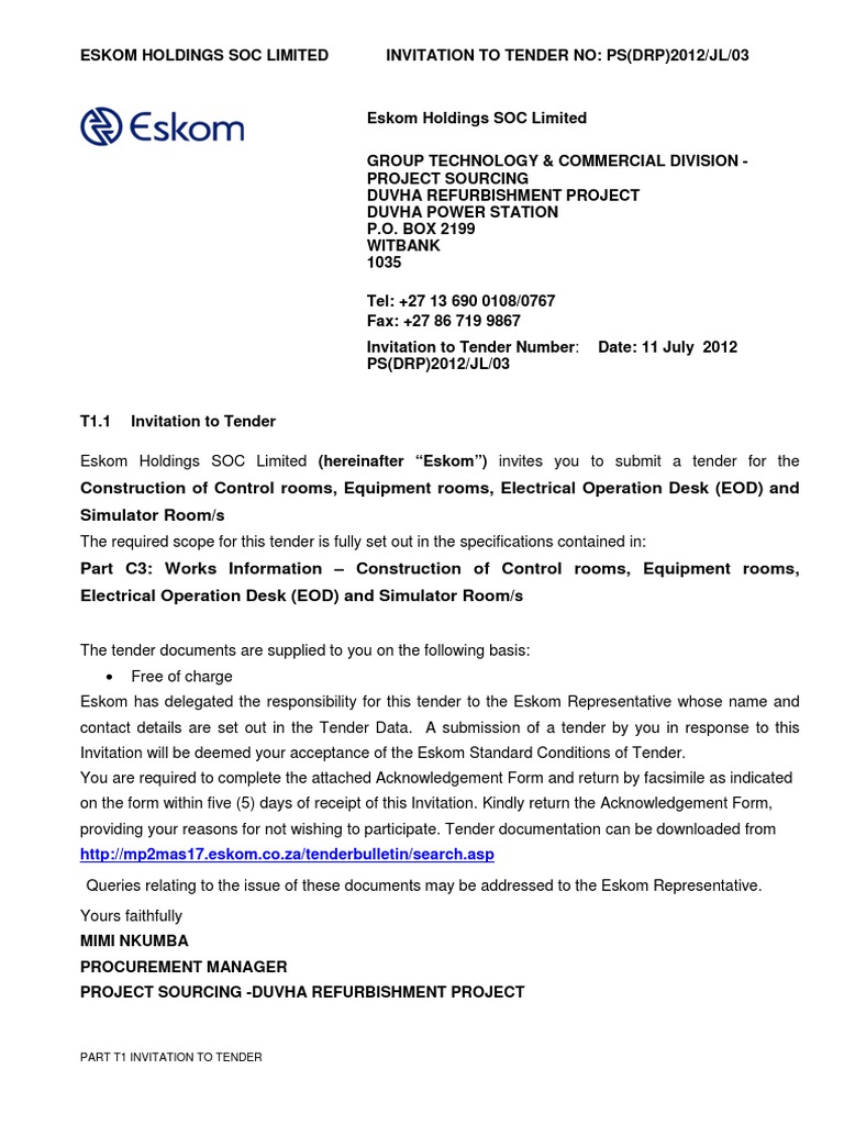 Eskom Tender Invitation for Construction | PDF | Joint Venture ...