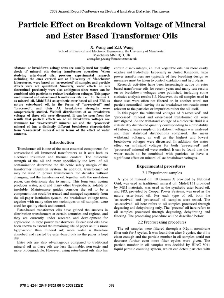 Particle Effect On Breakdown Voltage of Mineral and Ester Based Transformer Oils | PDF ...