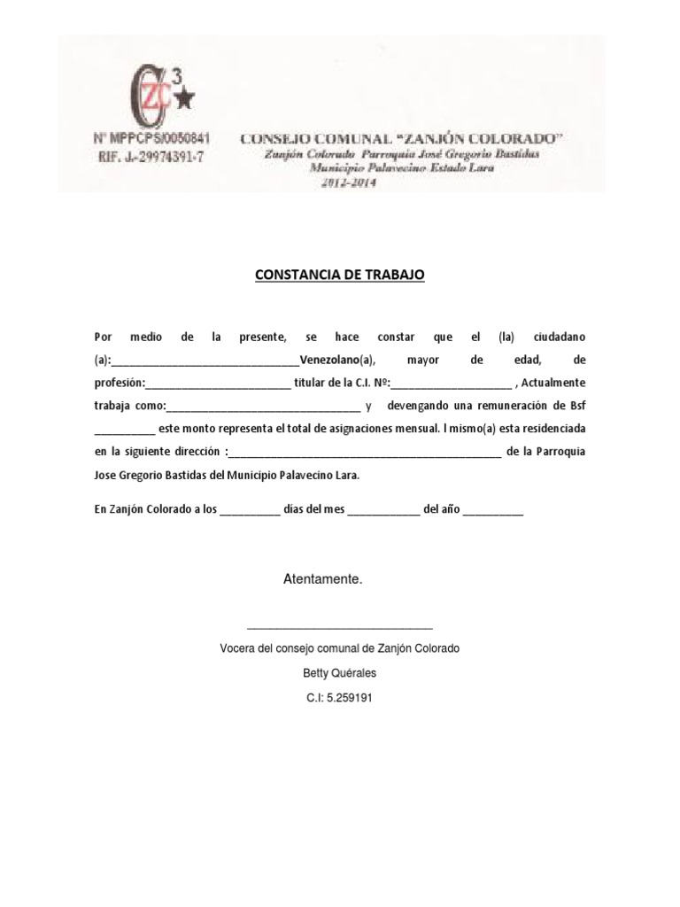 Carta de Contancia de Trabajo Concejo Comunal | PDF | Finanzas y dinero ...