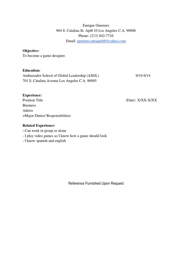 Objective:: Reference Furnished Upon Request | PDF