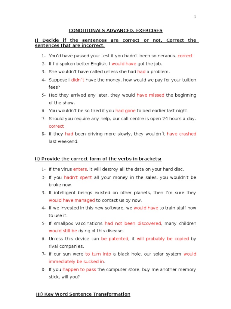 Conditionals Advanced. Exercises I) Decide If The Sentences Are Correct ...
