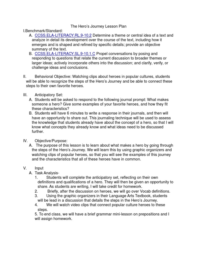Hero’s Journey Lesson Plan | PDF | Conversation | Lesson Plan