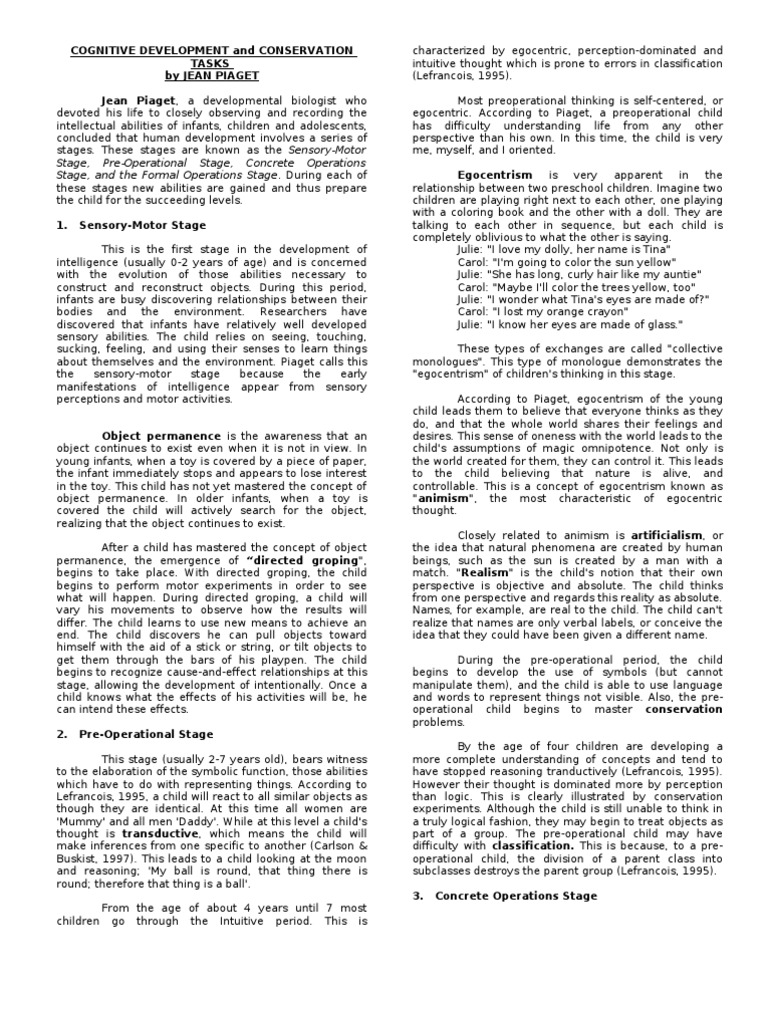 Cognitive Development and Conservation Tasks by Jean Piaget | PDF ...