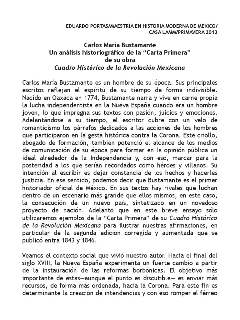 Carlos María Bustamante. Un Análisis Historiográfico de La "Carta Primera" de Su Obra Cuadro ...